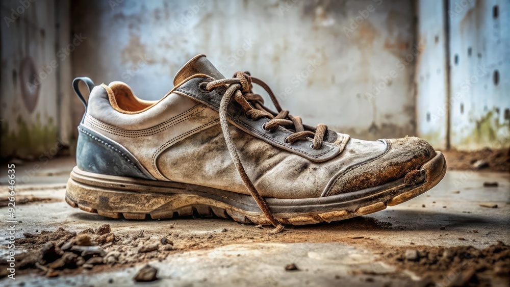 A sweaty, worn-out athletic shoe lies abandoned on a dirty floor ...