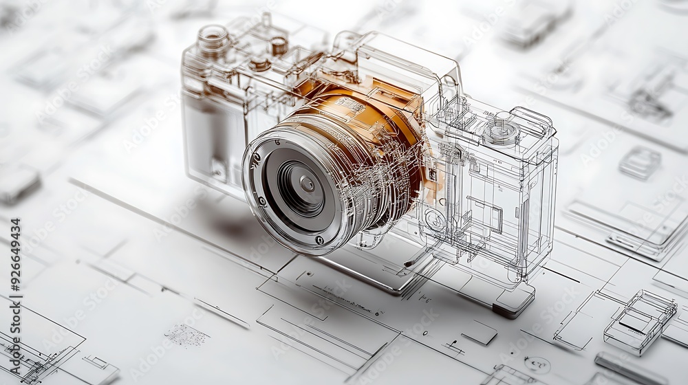 Transparent 3D Model of a Vintage Film Camera on a Blueprint Stock 写真 ...