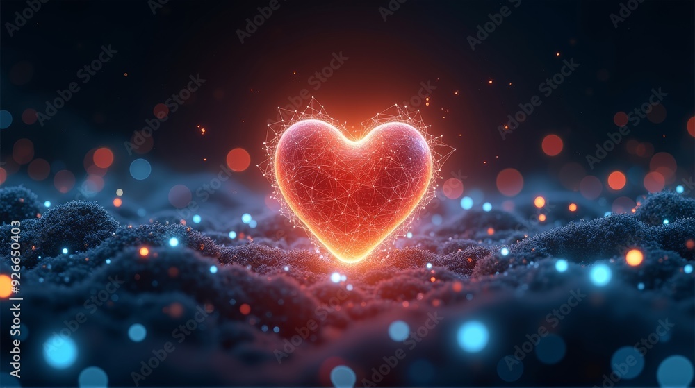 A glowing, digital heart made of interconnected nodes and lines pulses ...