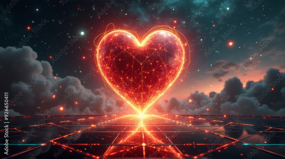 A glowing, digital heart made of interconnected nodes and lines pulses ...