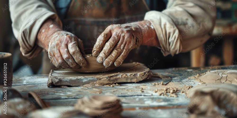 Hands shaping clay on a workbench, showcasing the artistry and ...