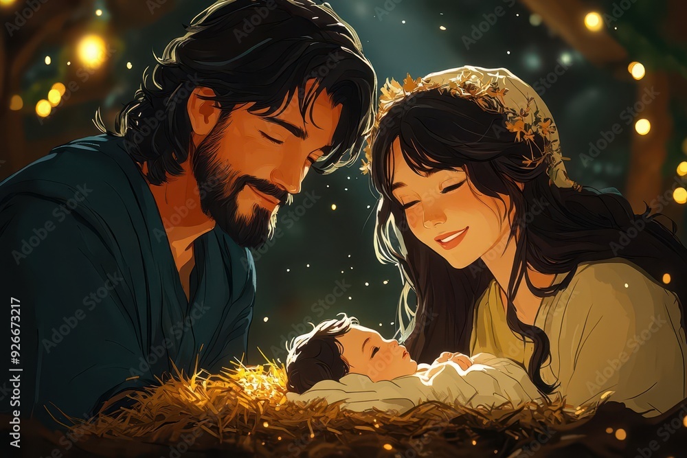 nativity illustration tender moment as mary and joseph gaze upon ...