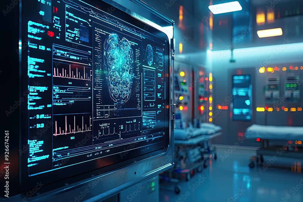 AI Healthcare Innovation, a digital interface displays advanced ...