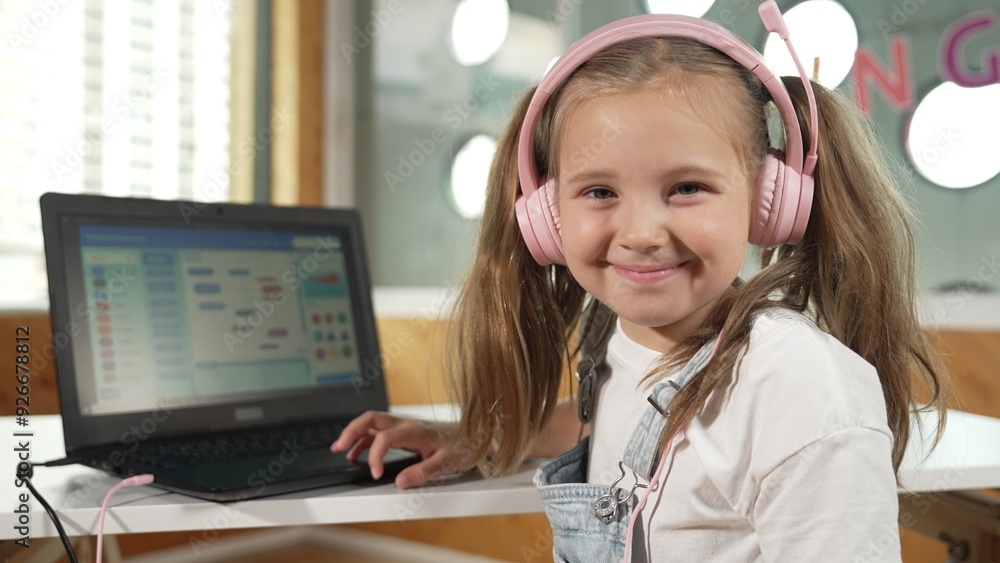 Smiling smart caucasian girl show system programing or coding program ...