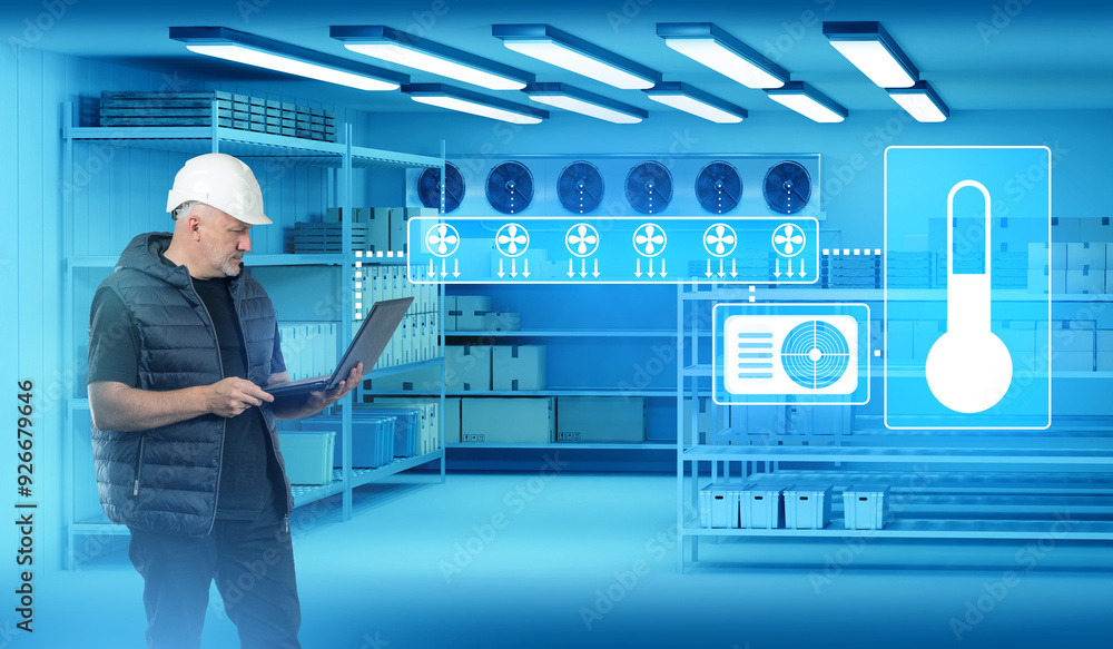 Man is setting up industrial refrigerator. Engineer inside freezer ...