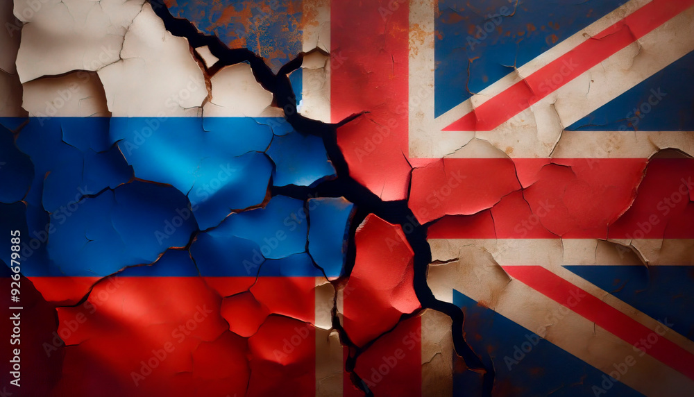Flags of Russia and England on cracked surface. The juxtaposed flags of ...