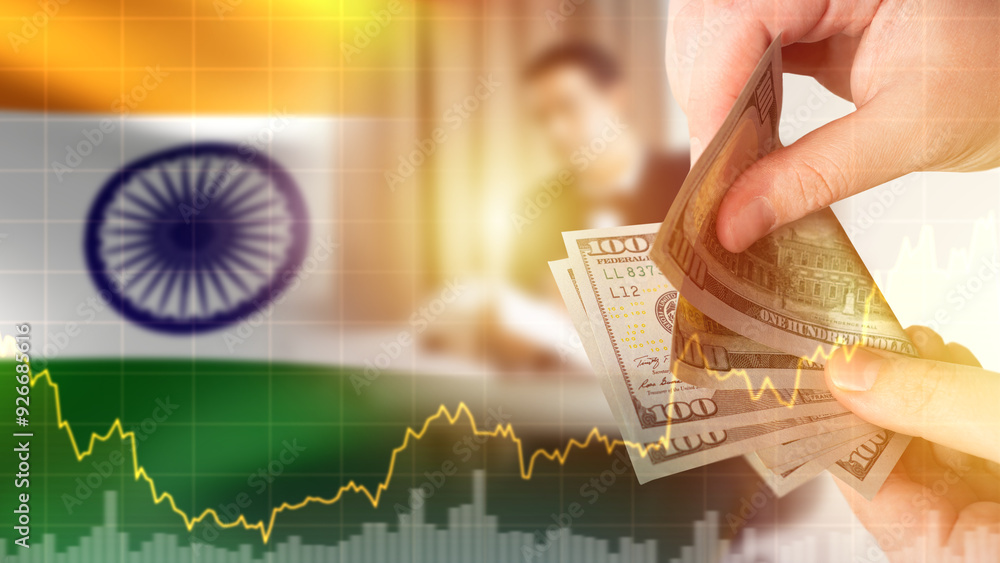 Business in India. Trading on Indian stock exchange. Money in hands man ...