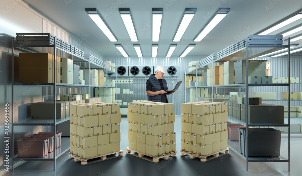 Engineer inside industrial refrigerator. Man with laptop is setting up ...