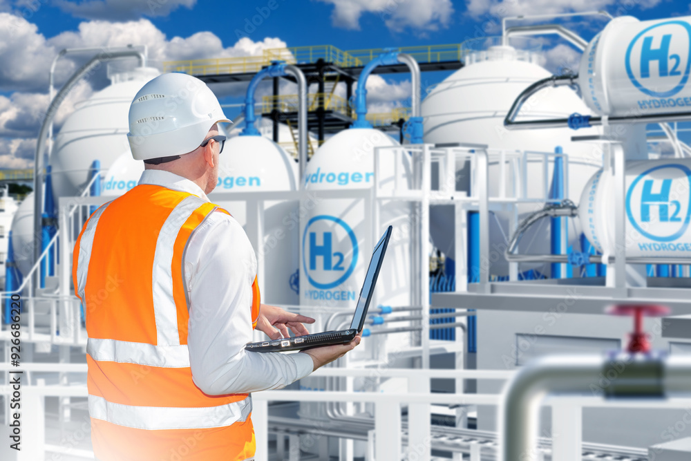 Hydrogen power plant technologist. Man on territory of energy ...