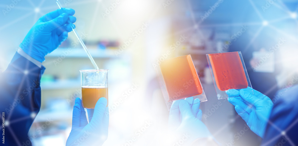 Laboratory analysis of fuel. Checking gasoline quality. Test tube in ...