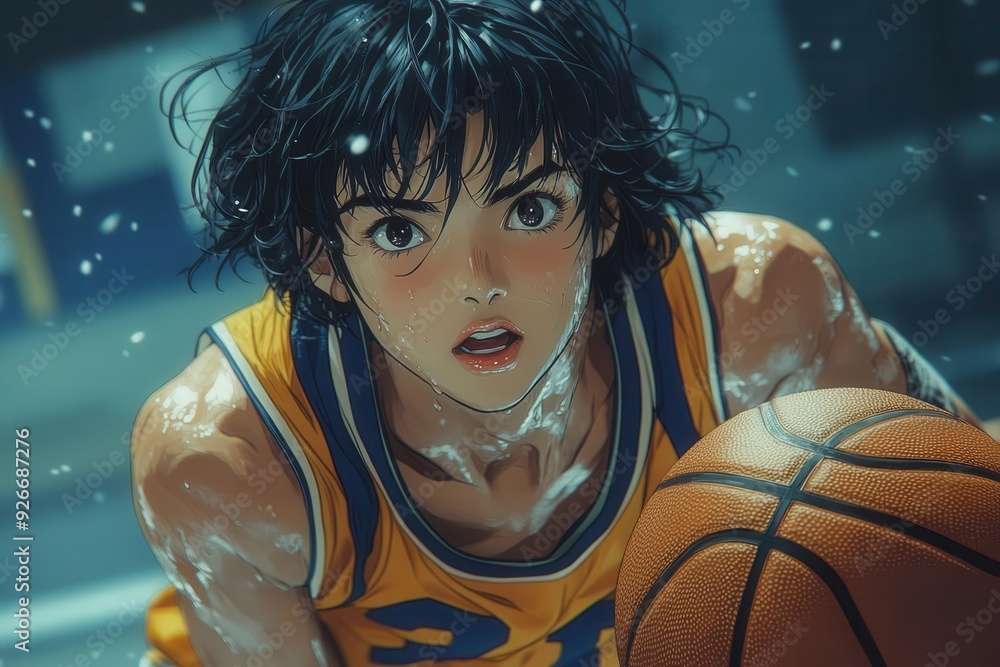 retro basketball anime dynamic court action rendered in vibrant 80s ...