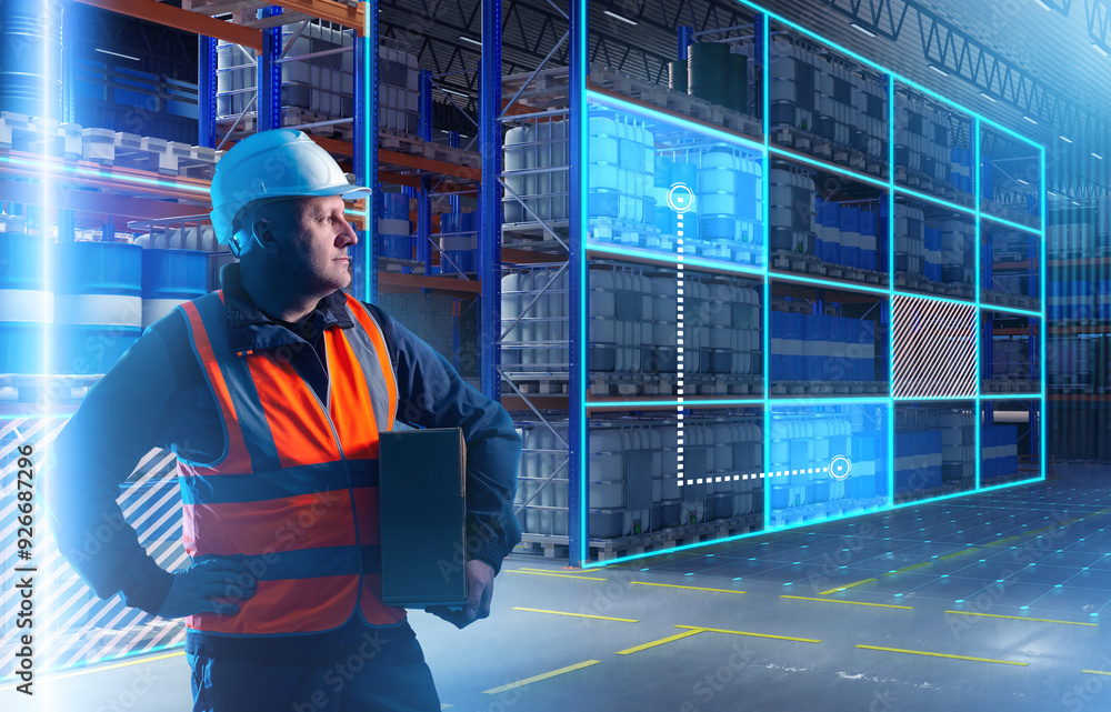 Man warehouse manager. Logistics center employee. Storekeeper guy with ...