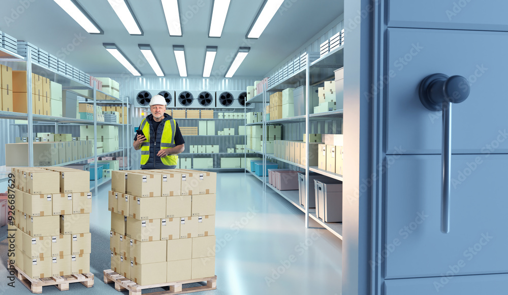 Refrigerated warehouse at pharmaceutical factory. Man stands in ...