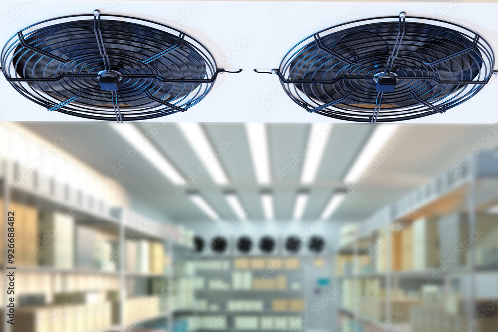 Industrial refrigeration equipment. Air conditioning unit in freezer ...