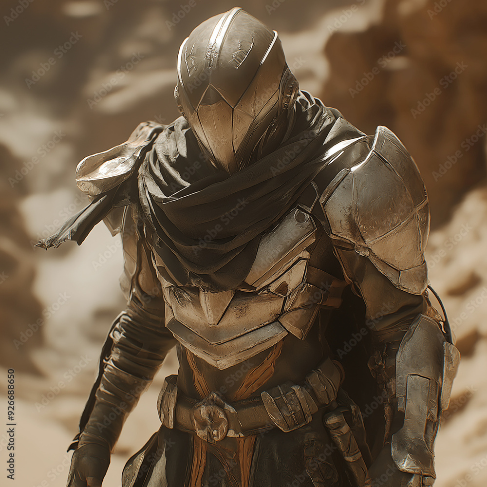 Mighty warrior in metal armor on a sandy desert background Stock Photo ...