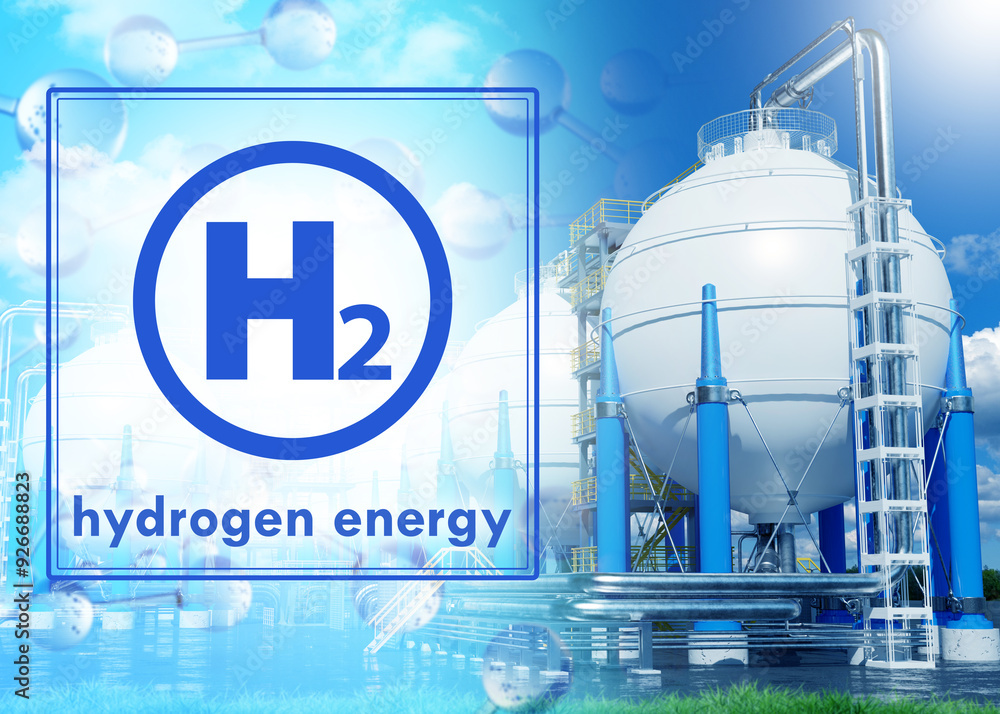 Hydrogen energy. Factory for production of eco fuel. H2 logo near plant ...