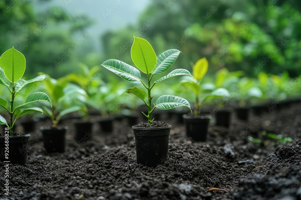 rows of young rubber tree saplings in nursery lush green leaves rich ...