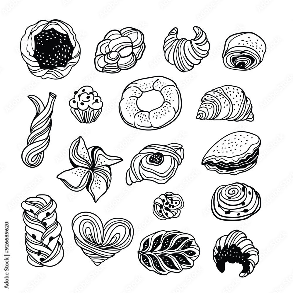 Vector illustration set of puffs, brioche and croissant. Cute doodle ...