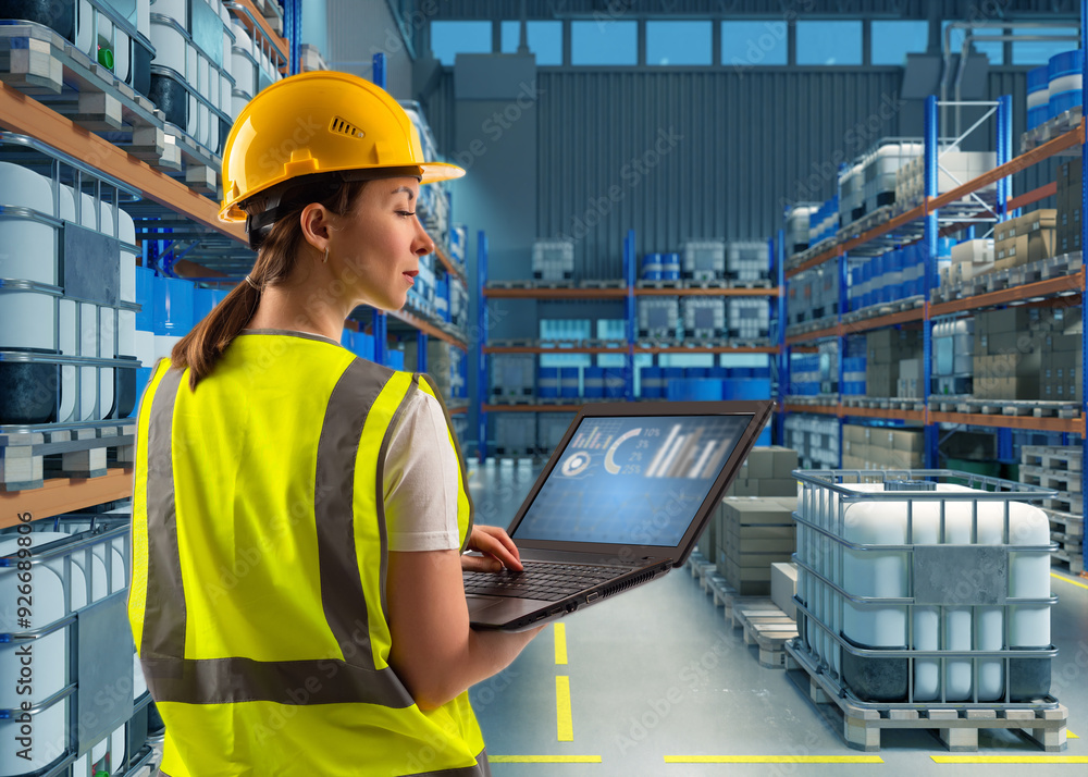 Chemical warehouse. Barrels inside storage building. Warehouse with ...