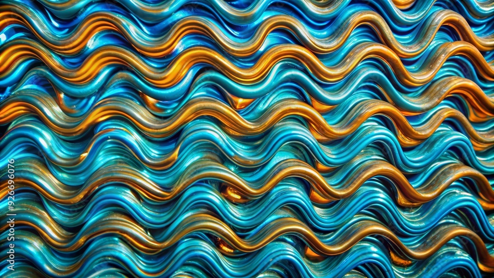 This image features a repeating pattern of blue and gold waves ...