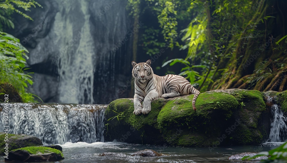 AI generation depicts an white tiger in the forest amidst nature ...
