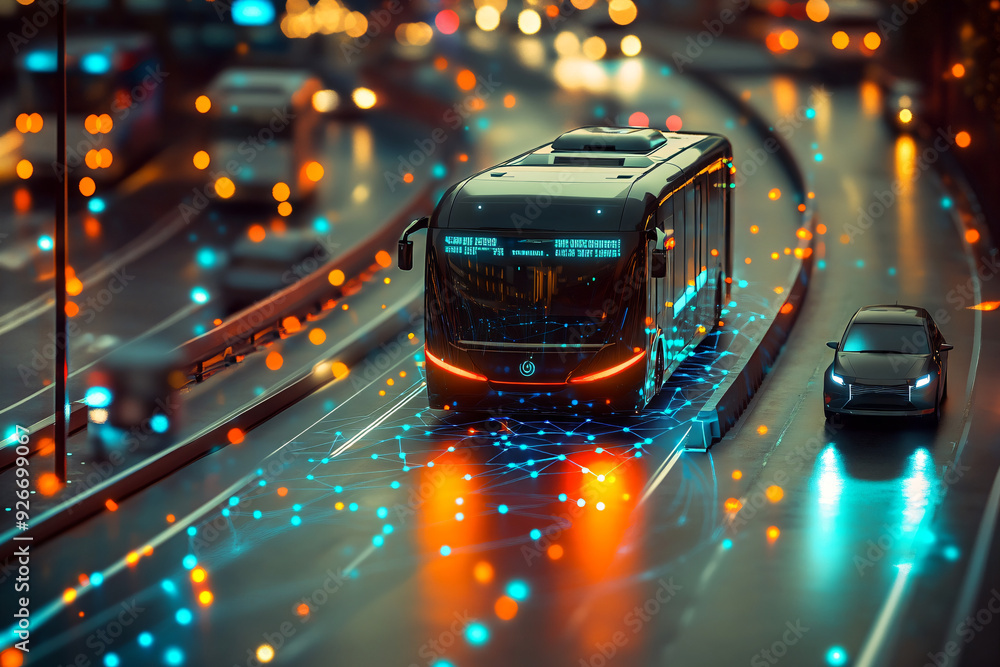 Autonomous Bus Driving On Smart City Road With Connected Car. Stock ...