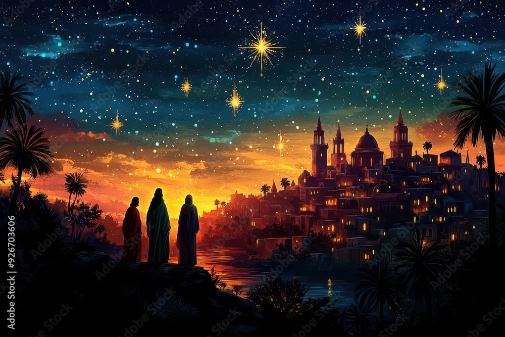 stylized digital illustration of three wise men approaching bethlehem ...