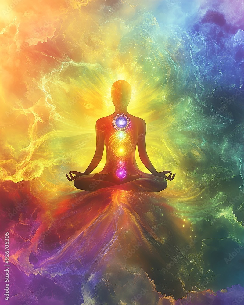 A serene depiction of a meditation symbol surrounded by pulsating alpha ...