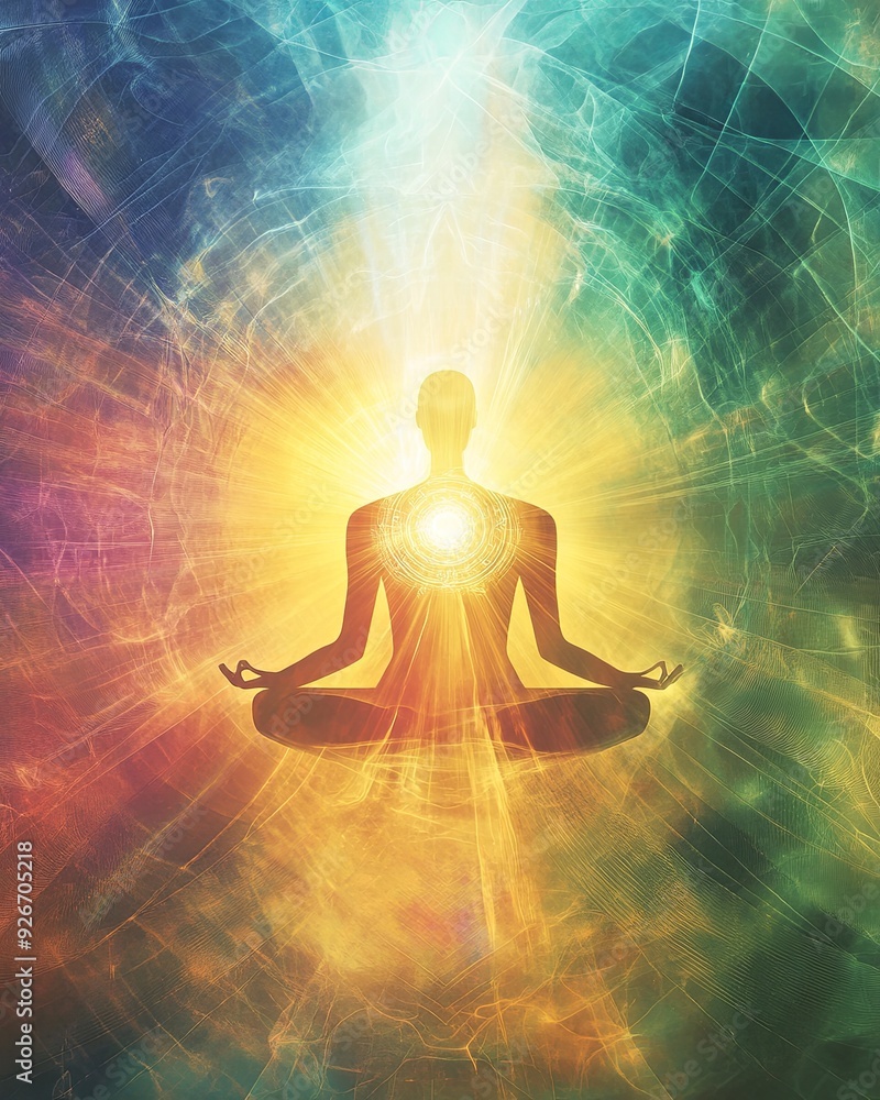 A serene depiction of a meditation symbol surrounded by pulsating alpha ...