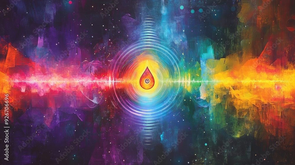 A vibrant depiction of sound waves forming patterns around a central ...