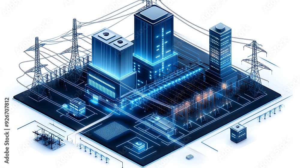 Isometric illustration of a power station with electricity flowing from ...