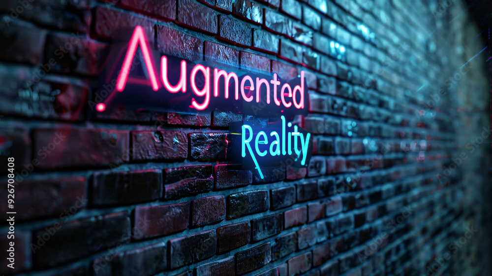 Neon sign lights up augmented reality on a brick wall, merging digital ...