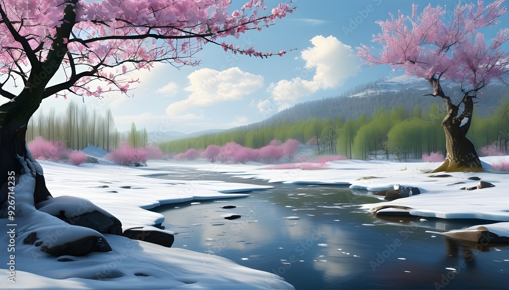 Beautiful scenery where snow and spring cherry blossoms blend, rivers ...