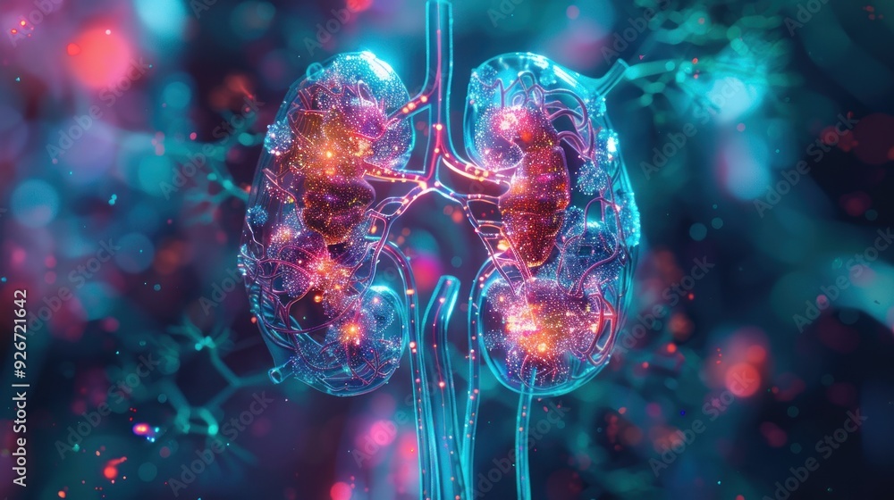 Holographic 3D depiction of human urinary system, featuring translucent ...
