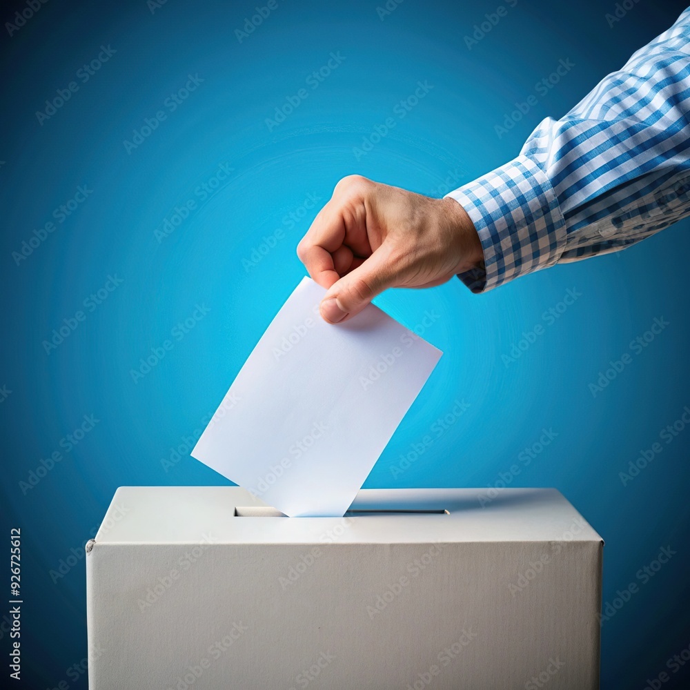 Democracy in action, a moment of voting, a man's shirtless hand drops a ...