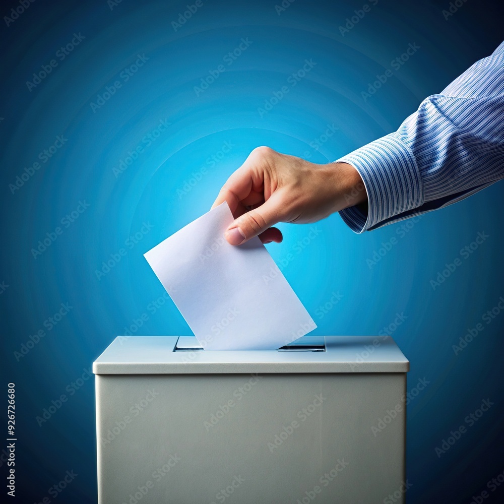 Voting moment, a man's shirtless hand drops a ballot into the ballot ...
