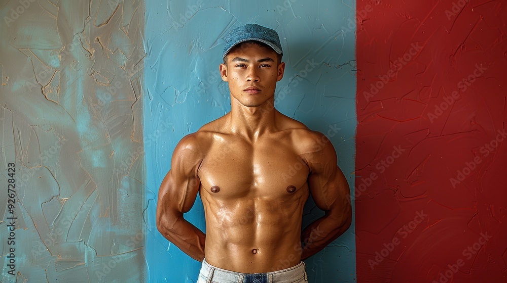 Young man poses confidently against a color-blocked wall, showcasing a ...