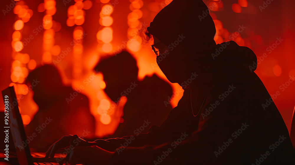 Shadowy silhouettes of cybercriminals at work, representing hackers and ...