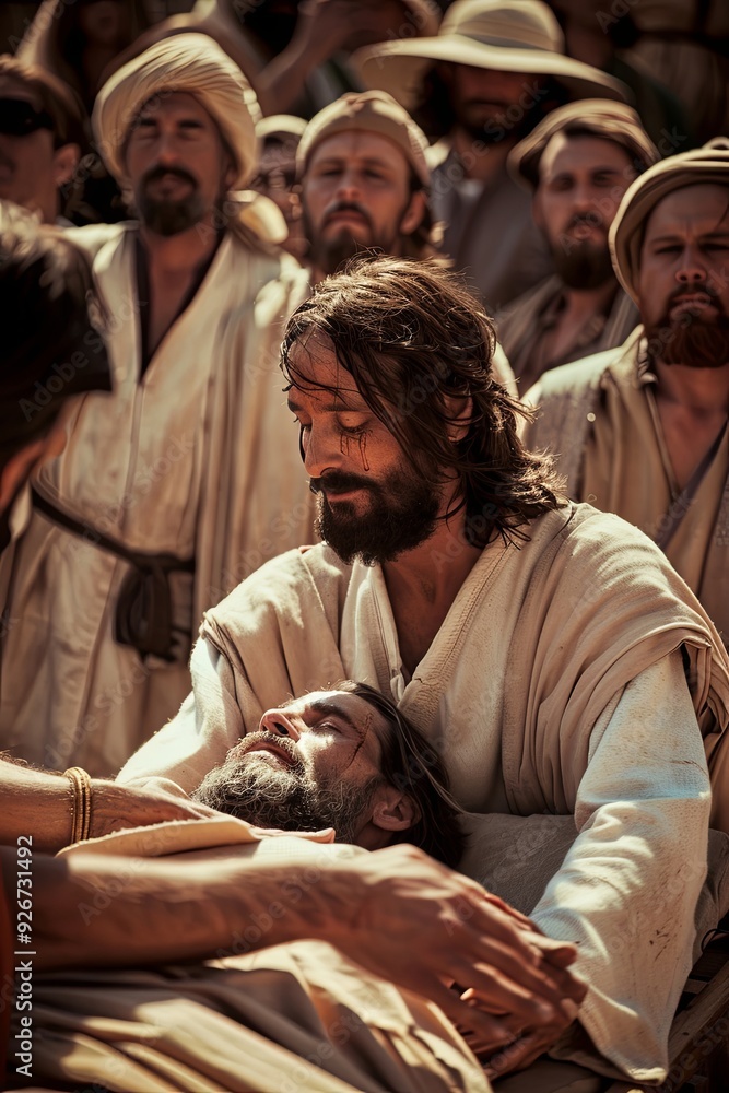 Jesus Christ gently laying hands on a sick person, expressions of hope ...
