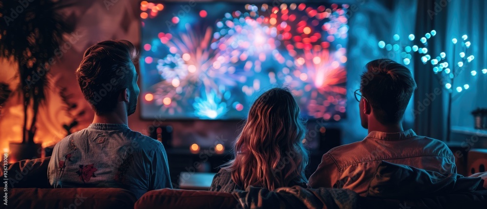 Three friends watching a vibrant fireworks display on a large screen TV ...