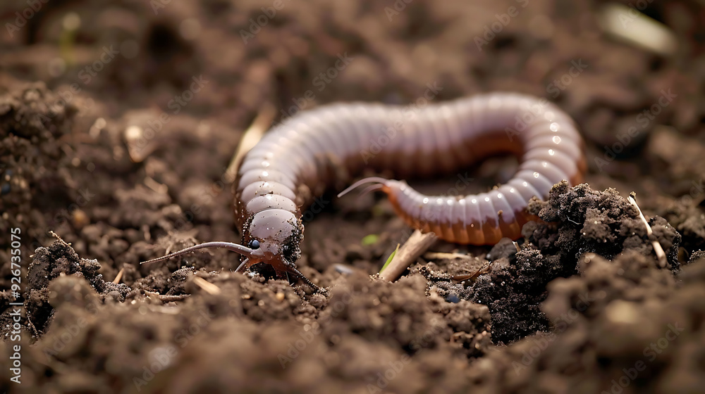 A close-up image of a single earthworm partially buried in moist, dark ...
