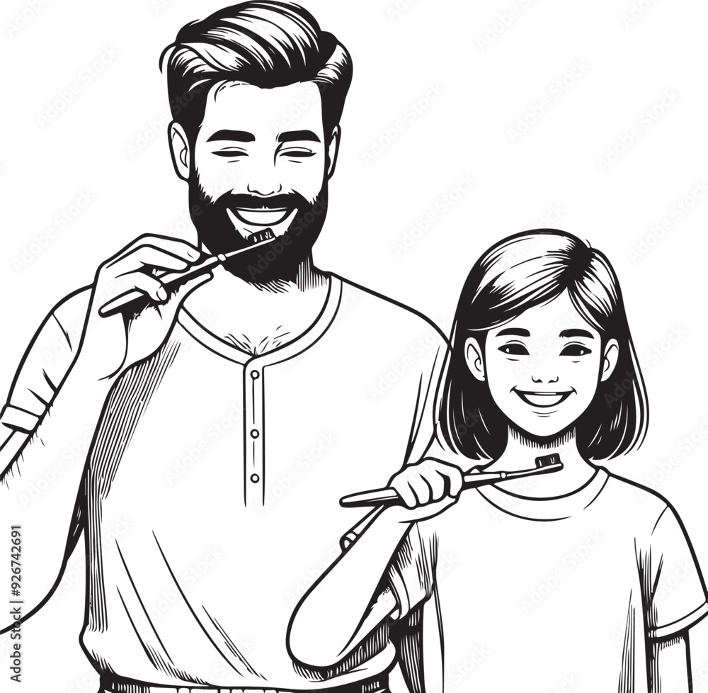 Adobe Illustrator ArtwoFather and Daughter Brushing Teeth: Single Line ...