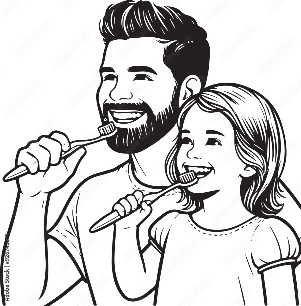 Adobe Illustrator ArtwoFather and Daughter Brushing Teeth: Single Line ...