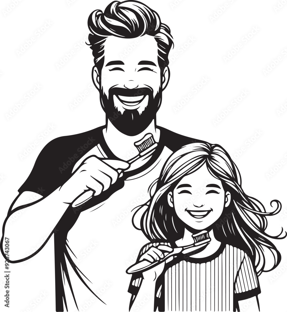Adobe Illustrator ArtwoFather and Daughter Brushing Teeth: Single Line ...