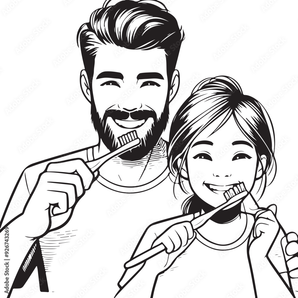 Adobe Illustrator ArtwoFather and Daughter Brushing Teeth: Single Line ...