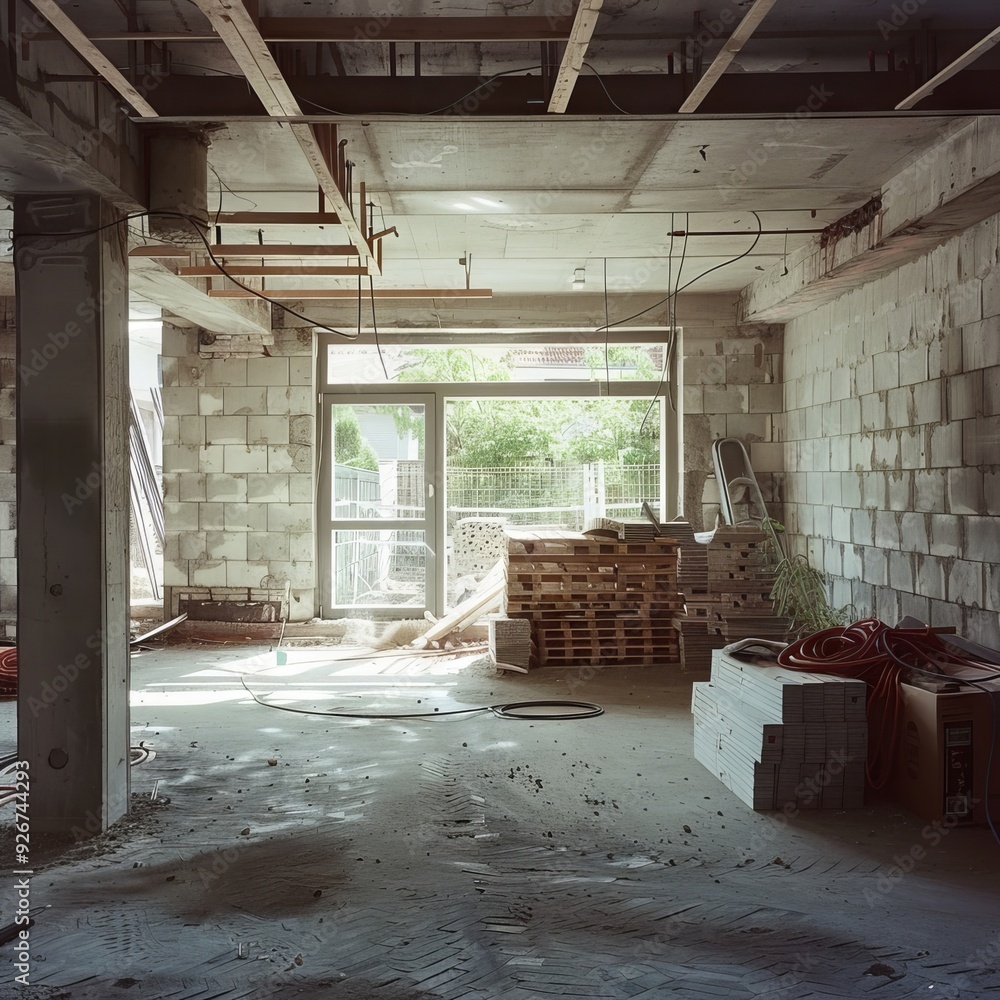 "The empty factory space features raw concrete and exposed brick walls ...