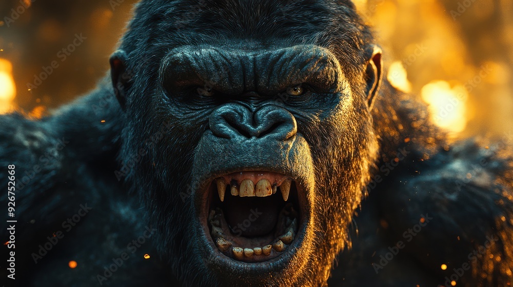 Big angry gorilla roaring fiercely with sharp teeth exposed in a ...