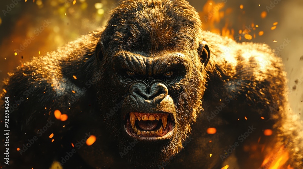 Big angry gorilla roaring fiercely with sharp teeth exposed in a ...