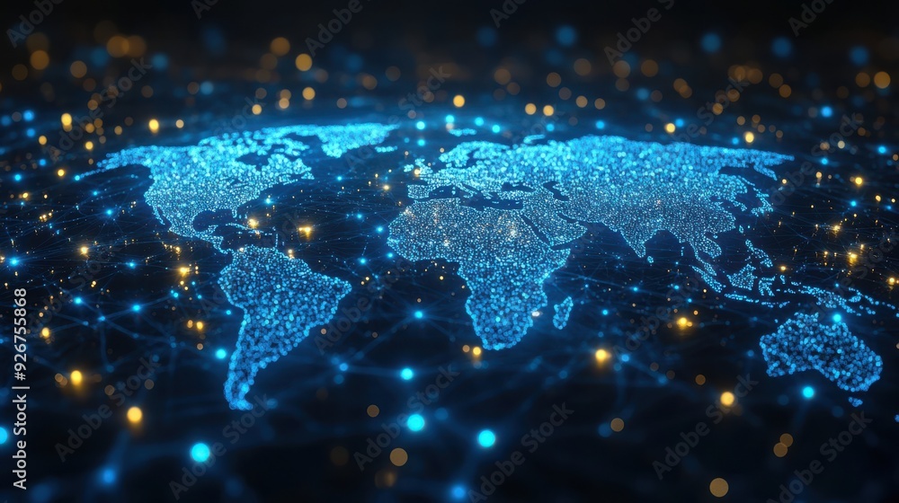 Blue digital world map glowing with network of connected dots ...