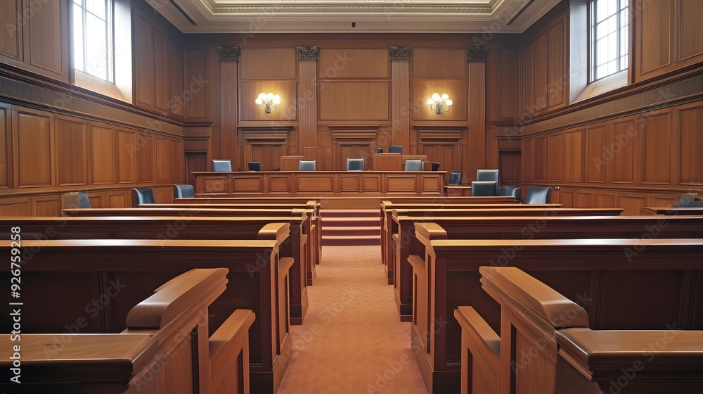 empty courtroom with wooden benches and judge's podium Stock Photo ...